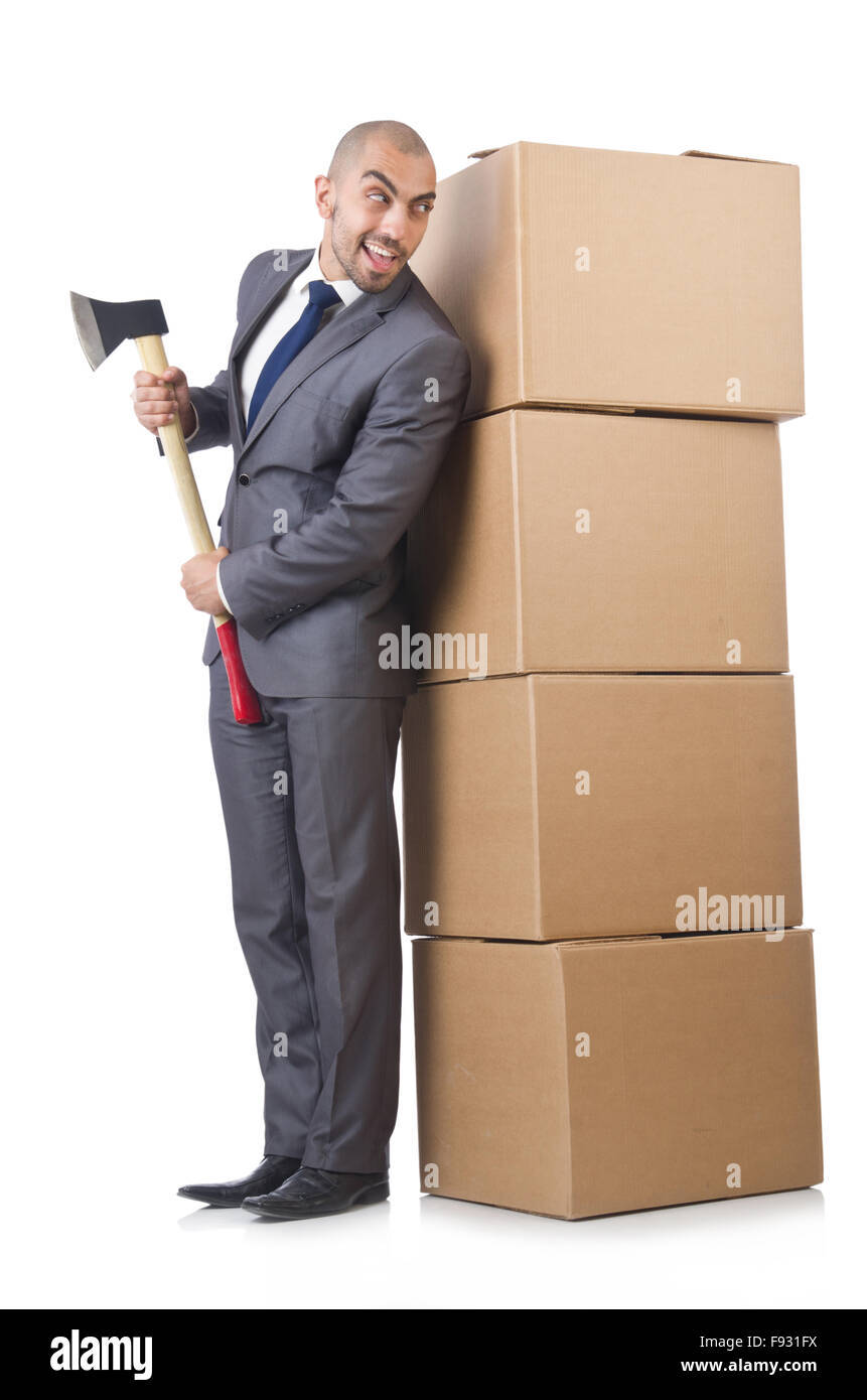 Man with axe and boxes on white Stock Photo - Alamy