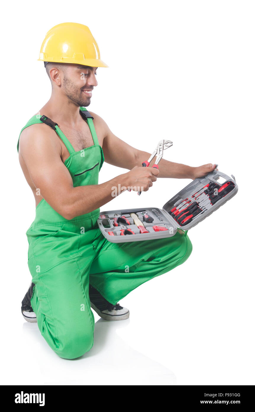 Man with toolkit isolated on the white Stock Photo - Alamy