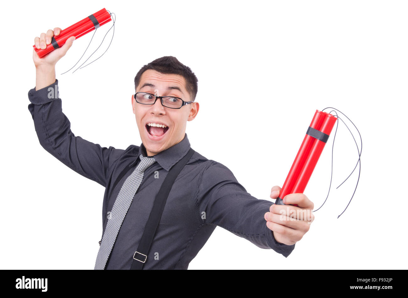 Businessman with dynamite isolated on white Stock Photo - Alamy
