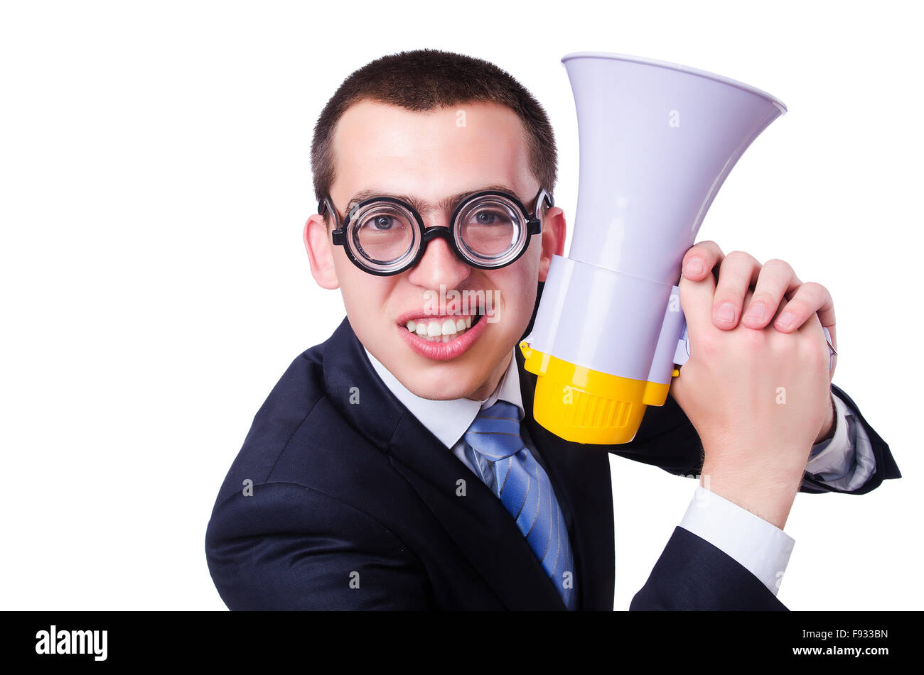 Funny man with loudspeaker on white Stock Photo - Alamy
