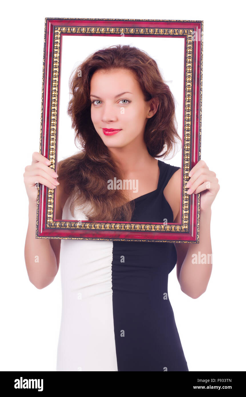 Woman with picture frame on white Stock Photo - Alamy