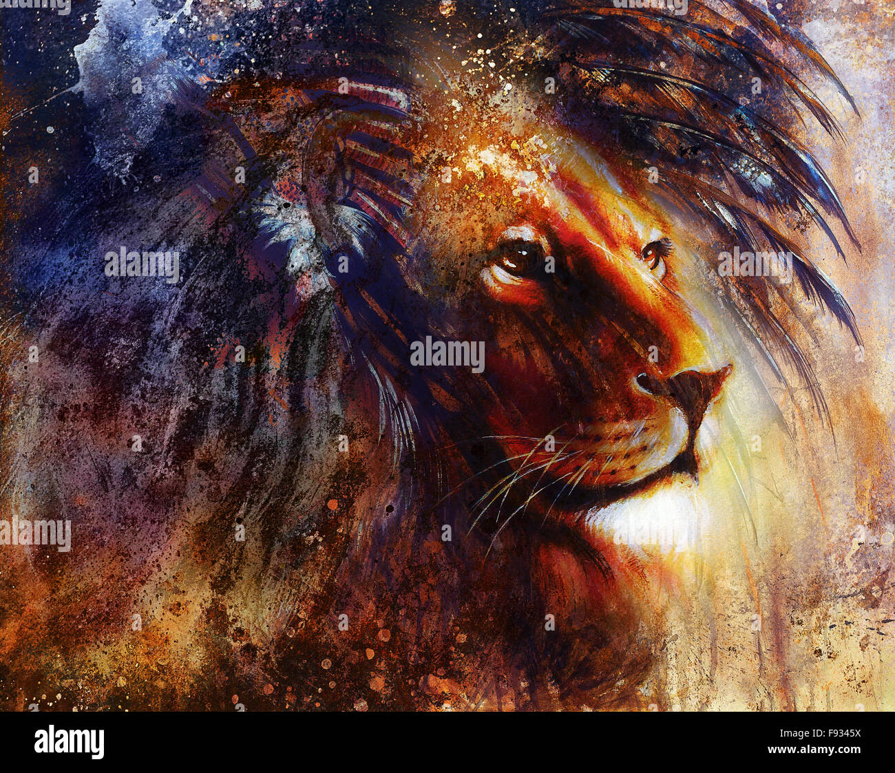 lion face profile portrait, on colorful abstract background Stock Photo ...