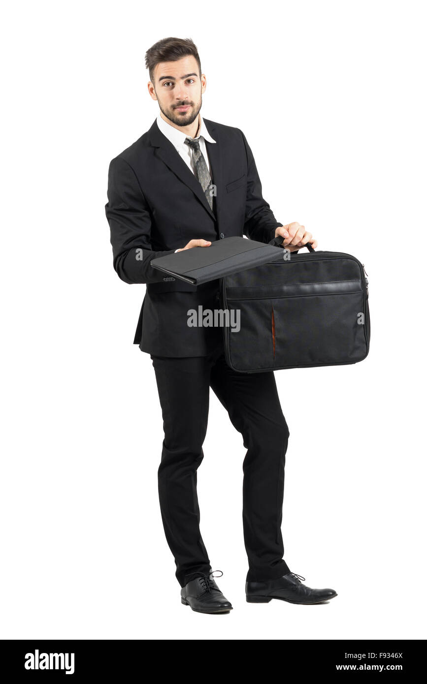 Salesman offering contract looking at camera. Full body length portrait ...