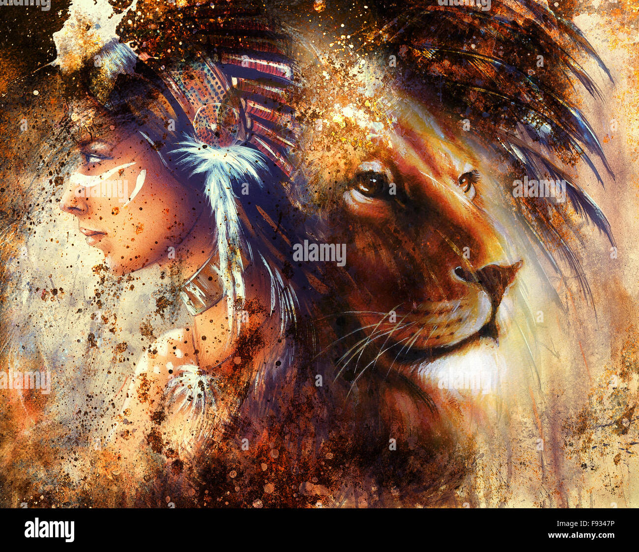 indian woman wearing feather headdress with lion and abstract color ...