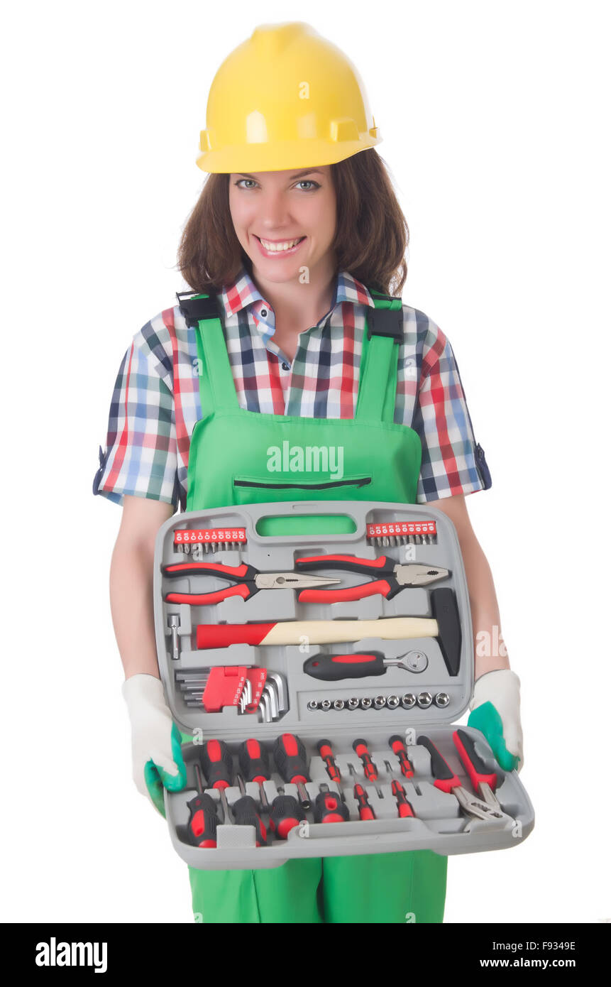 Young woman with toolkit on white Stock Photo - Alamy