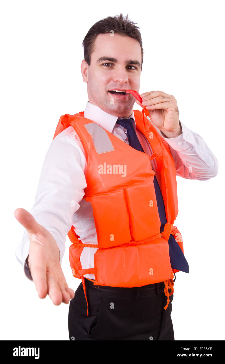Man in life jacket isolated on white Stock Photo - Alamy