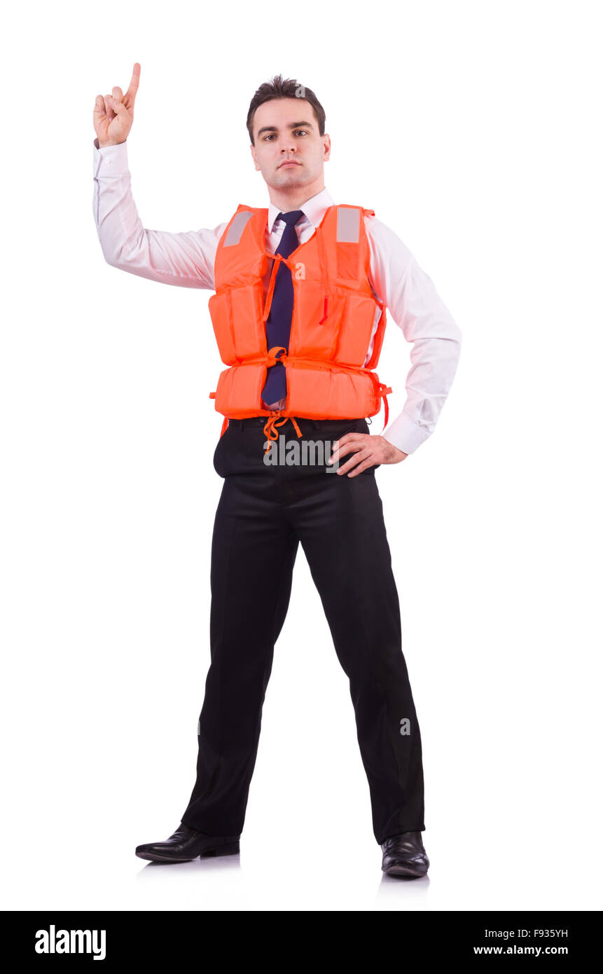 Man in life jacket isolated on white Stock Photo - Alamy