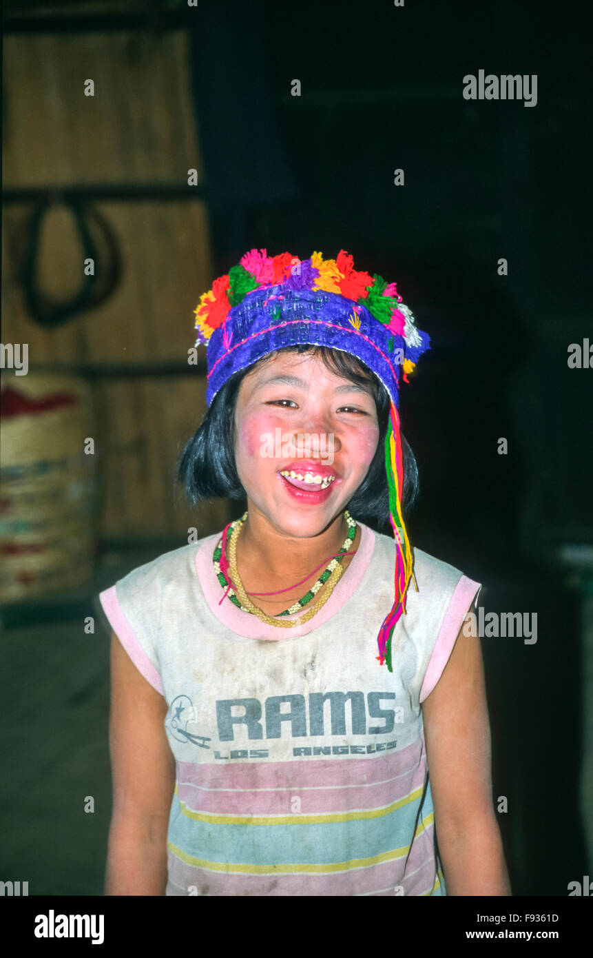 Young girl from a Burmese hill tribe near Kalaw, Myanmar, wearing a ...