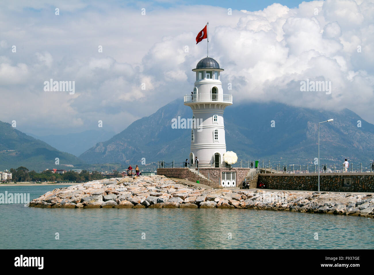 Lighthouse in port. Turkey, Alanya. Sunny weather Stock Photo - Alamy