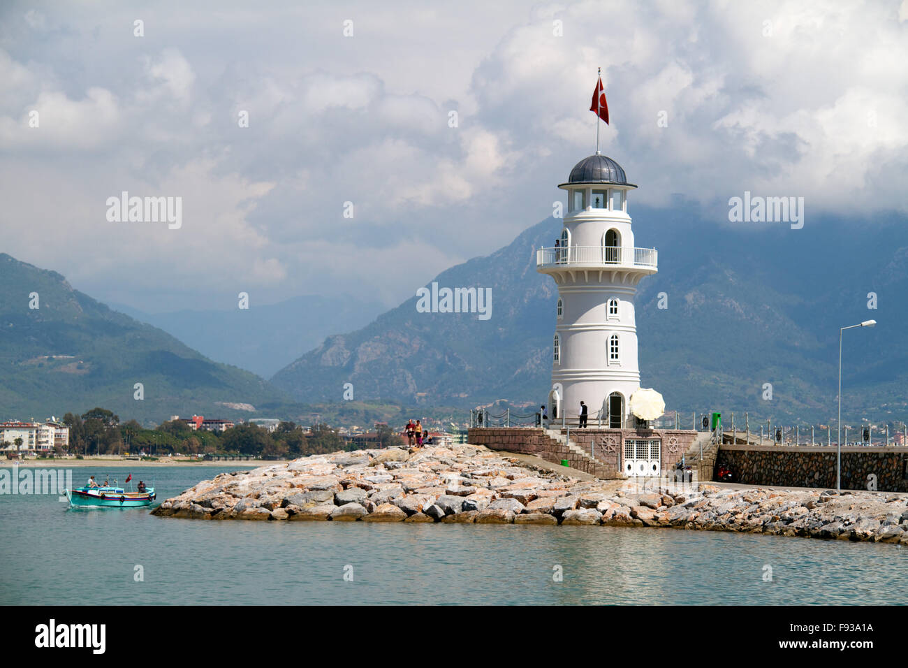 Lighthouse in port. Turkey, Alanya. Sunny weather Stock Photo - Alamy