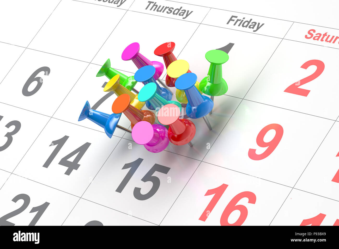 Closeup calendar page with drawing-pins Stock Photo - Alamy