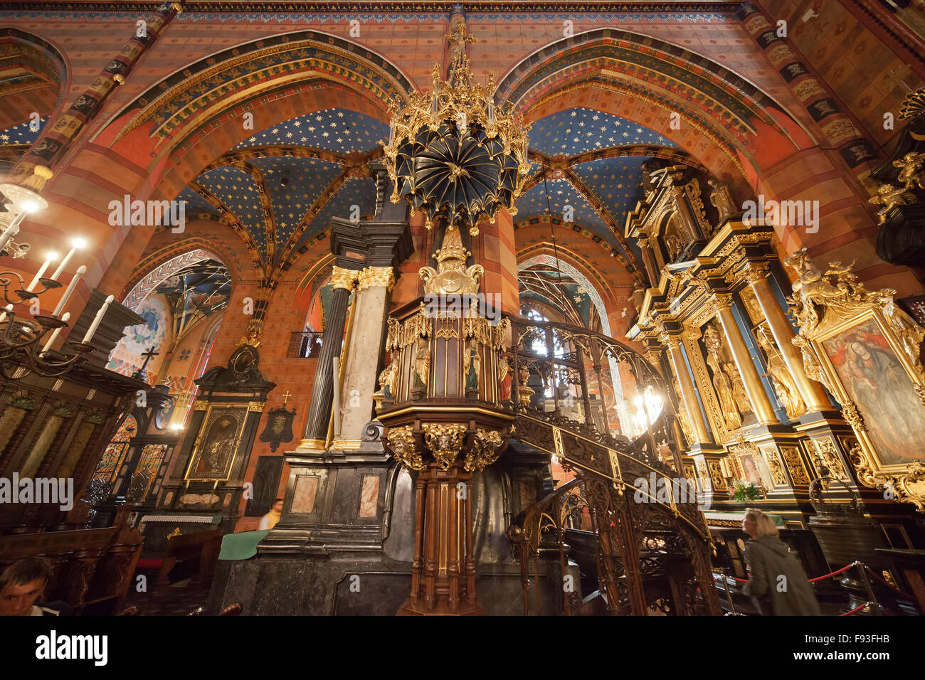Poland, Krakow, pulpit in ornate Mariacki Church - St. Mary Basilica ...