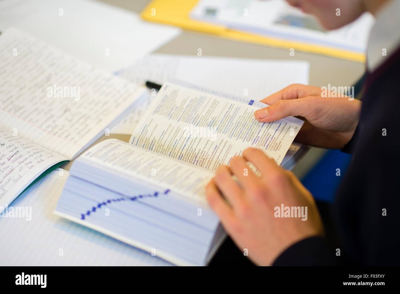 Secondary education Wales UK: a boy looking up the definition of a word ...