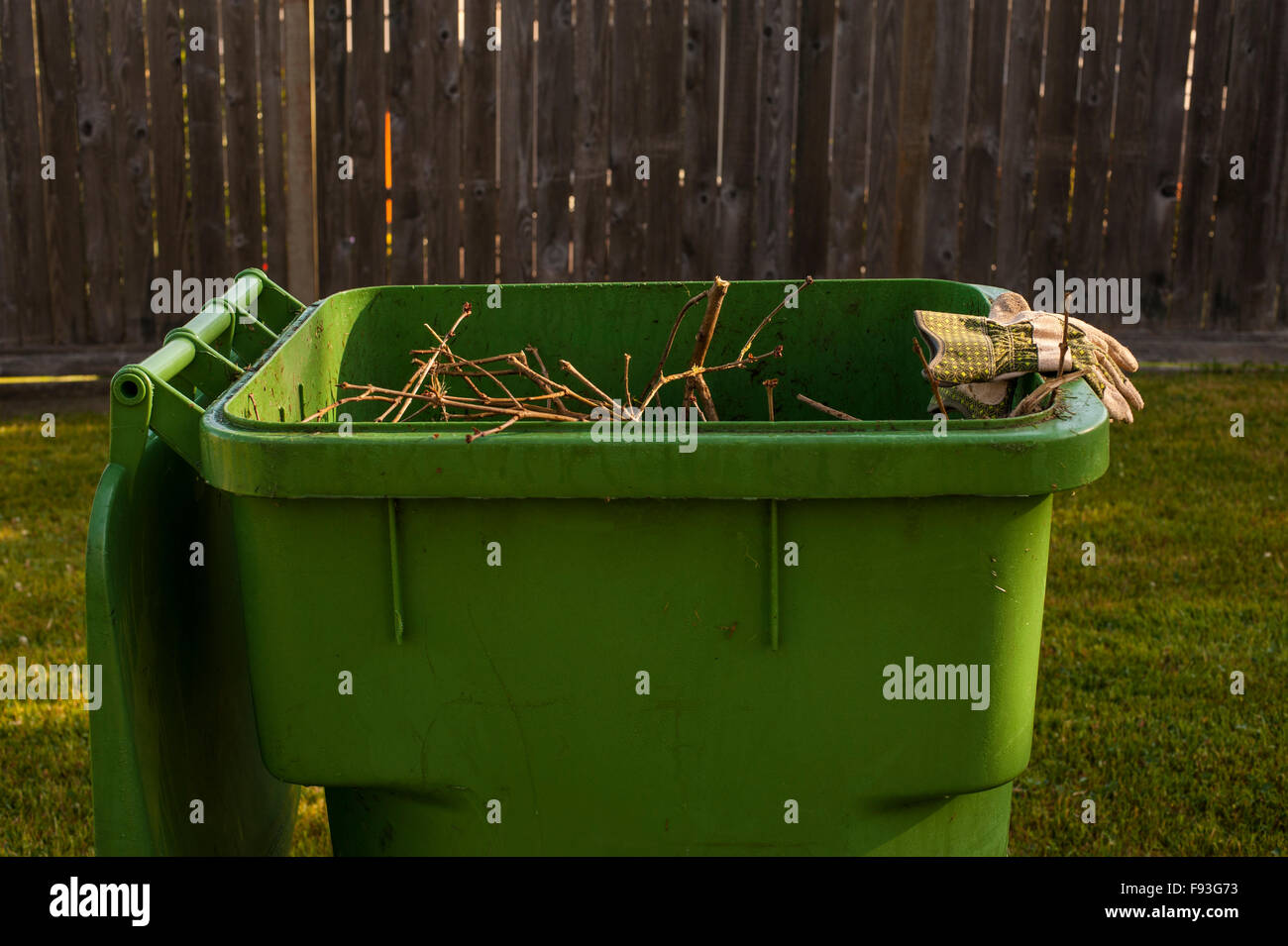 Yard work clean up and mowing with recycling bin Stock Photo - Alamy