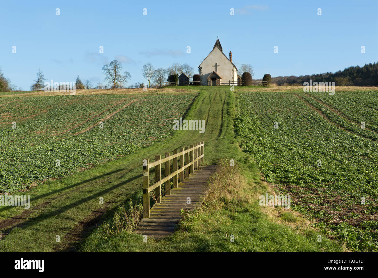 Classic view of St Hubert's church in Idsworth. Looking up the grassy ...