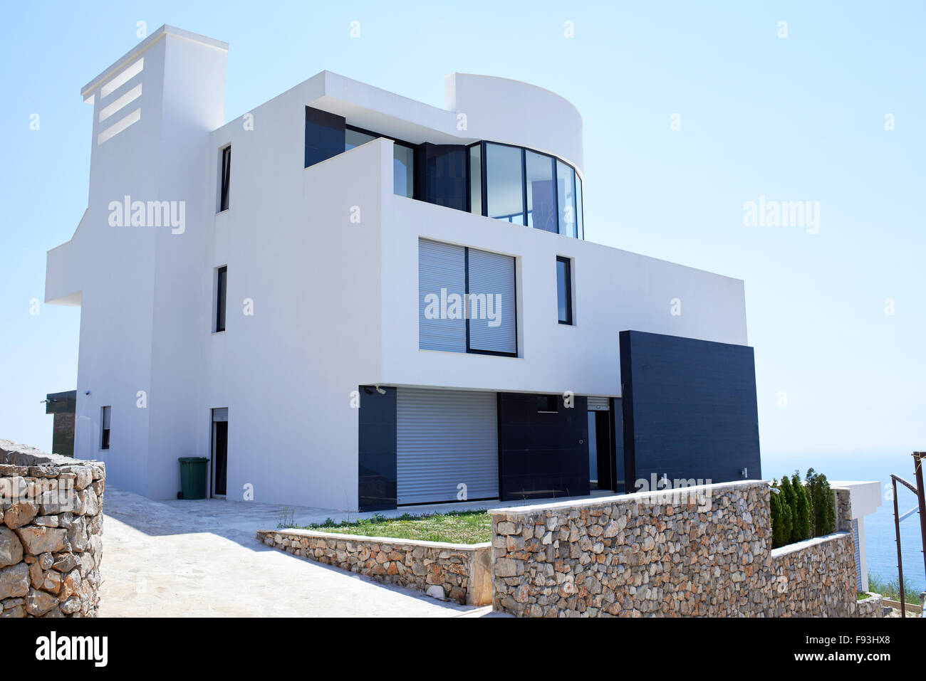 External view of a contemporary house modern villa at sunset Stock ...