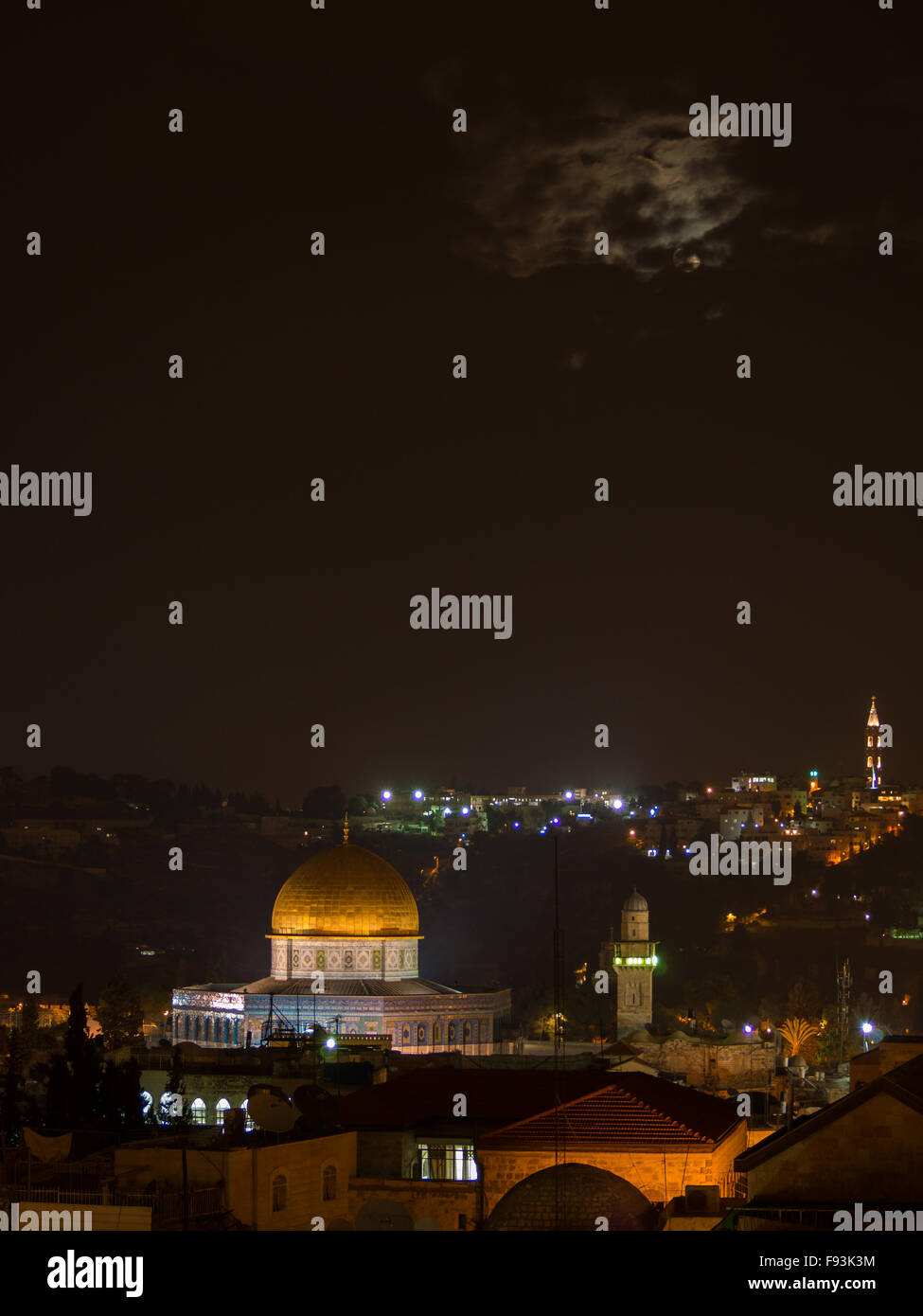 The golden dome of the Dome of the Rock shines at night over Old ...