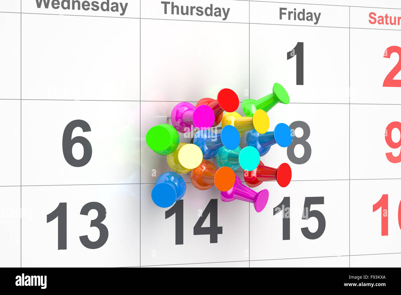 Push pins in calendar isolated on white background Stock Photo - Alamy