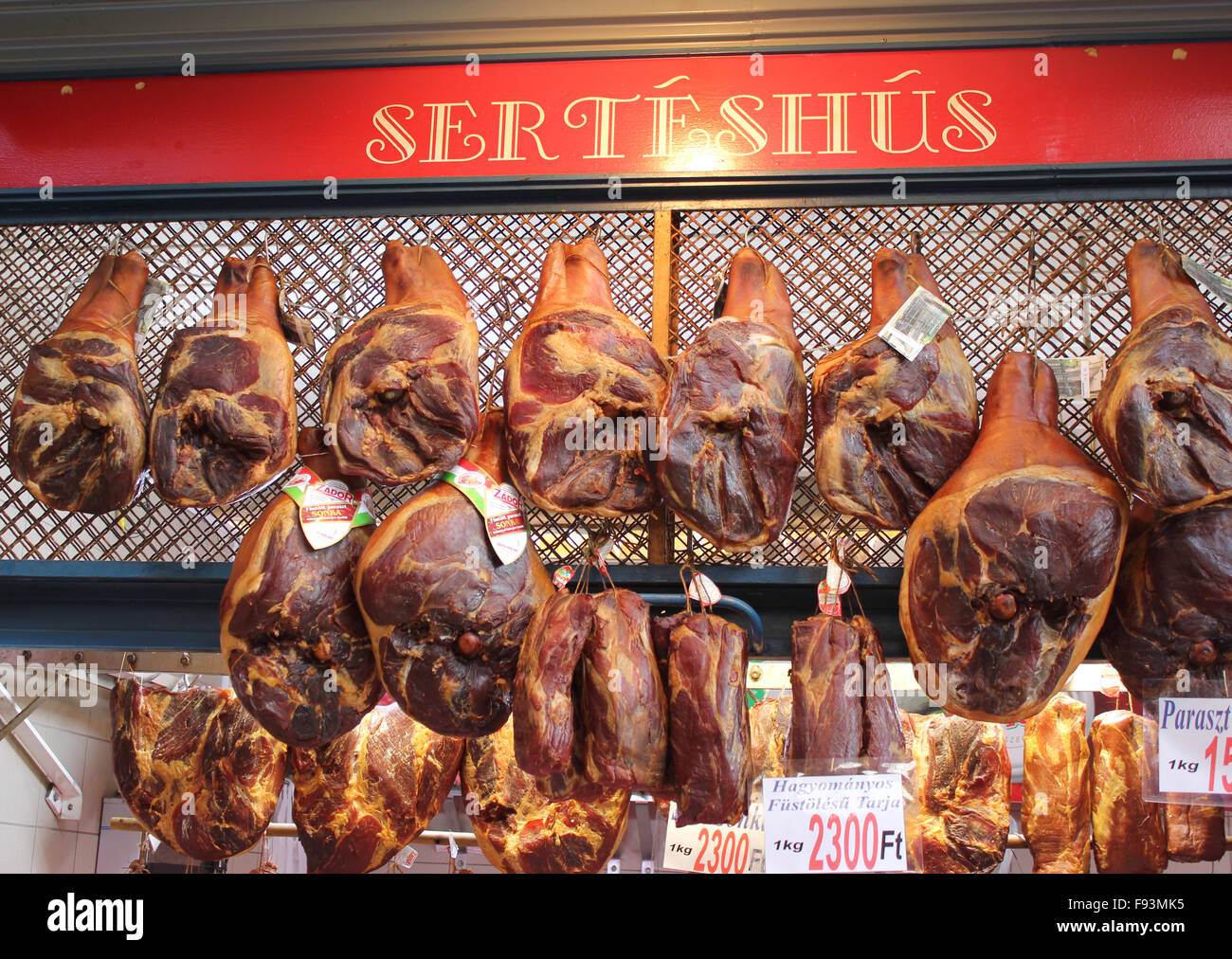 Budapest market hams Stock Photo - Alamy