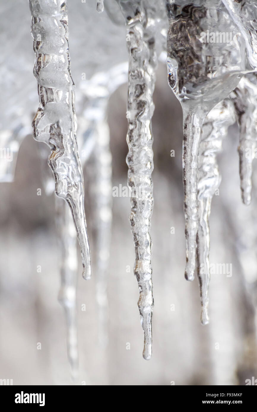 Close up of stalactites of ice in front of snowy background Stock Photo ...