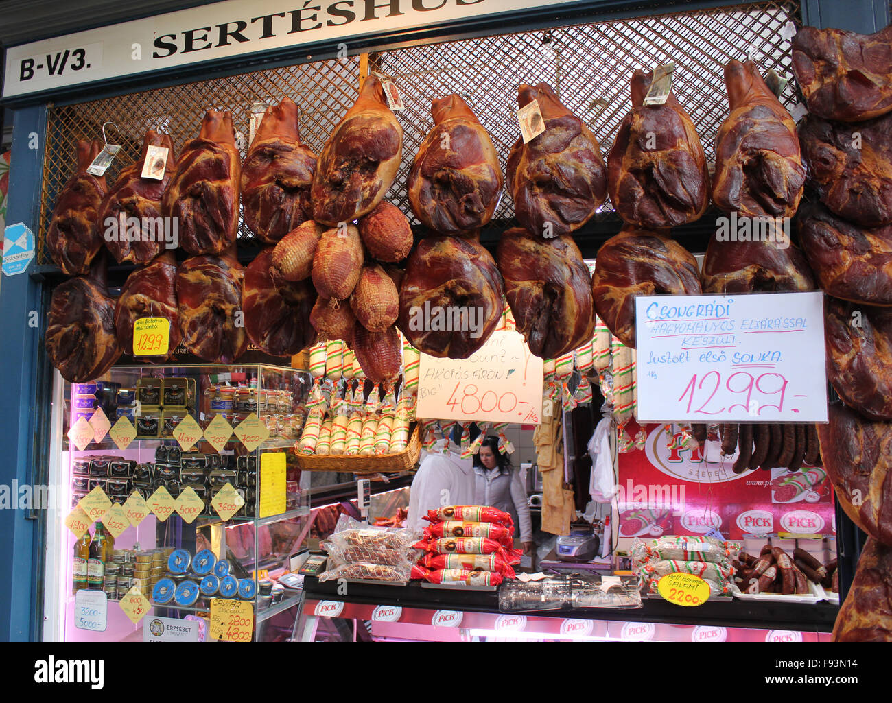 Budapest market shop selling meats Stock Photo - Alamy