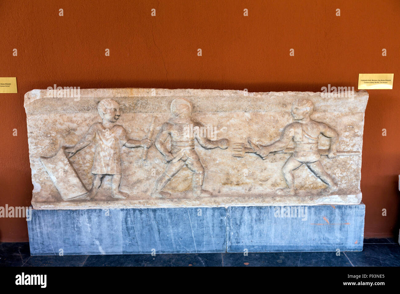 Gladiator relief in marble at Ephesus Archaeological Museum Stock Photo ...