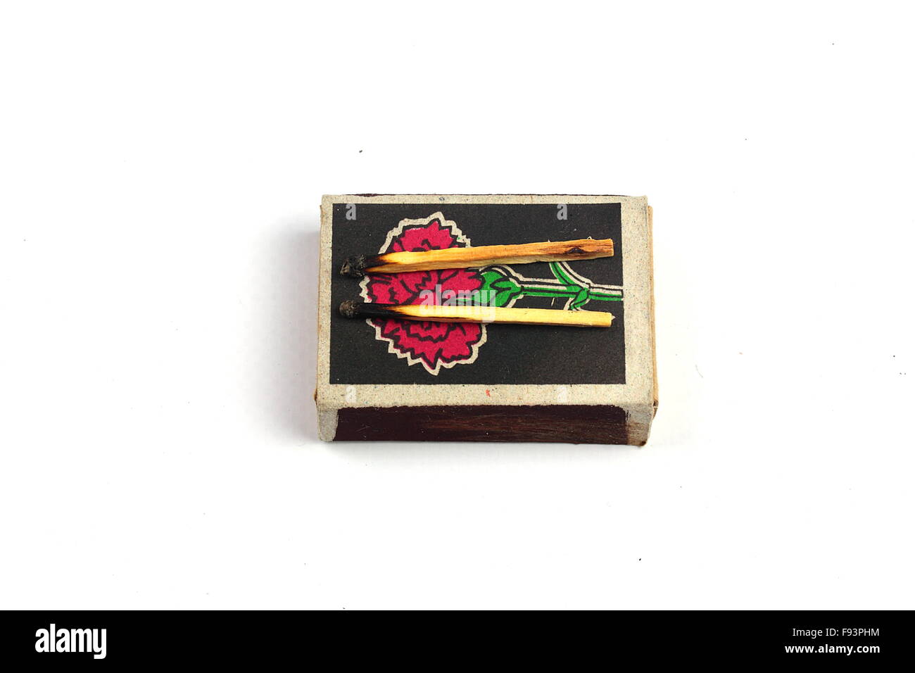 on a white background isolated two burnt matches on a matchbox Stock ...