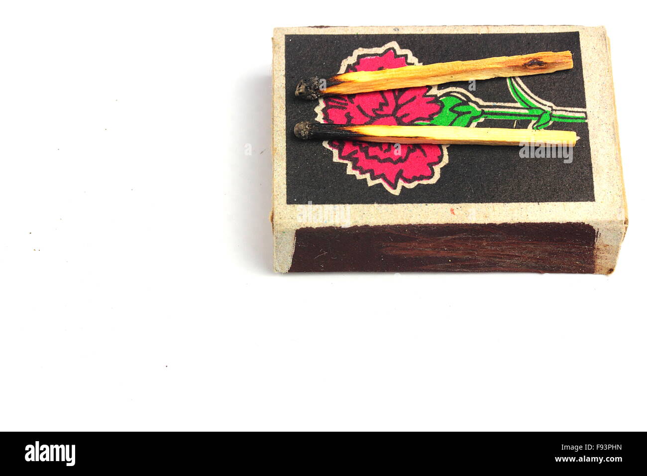 on a white background isolated two burnt matches on a matchbox Stock ...