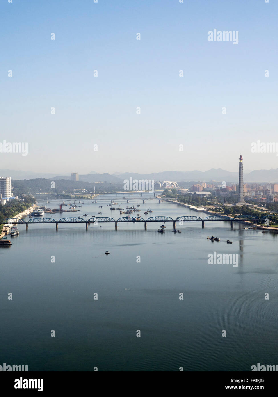 Taedong River and Juche-tower, Pyongyang, North Korea, Asia Stock Photo ...