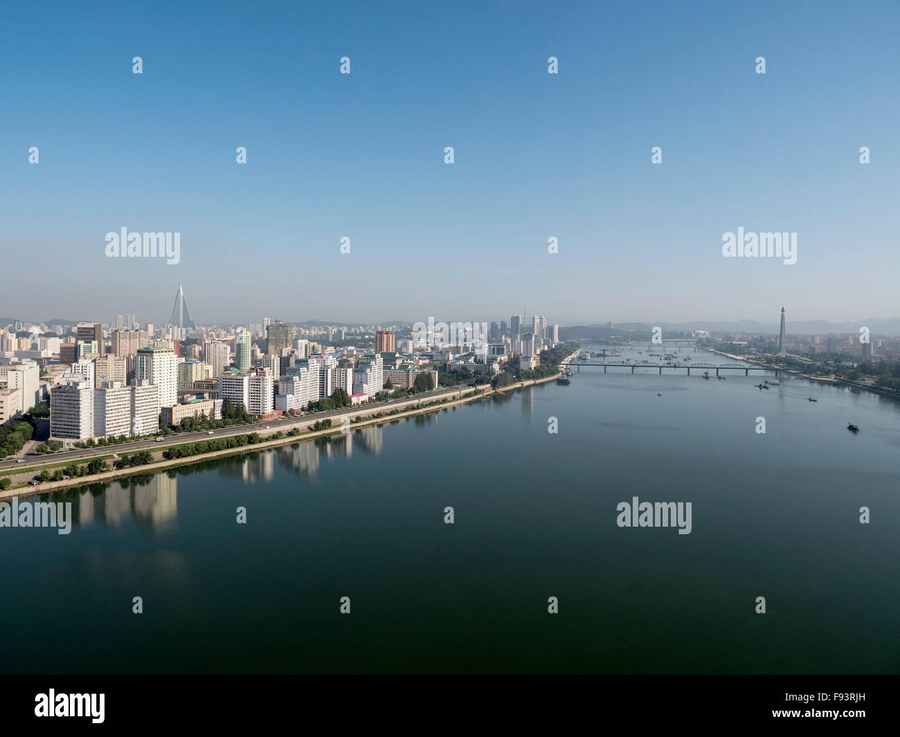 Taedong River and Juche-tower, Pyongyang, North Korea, Asia Stock Photo ...
