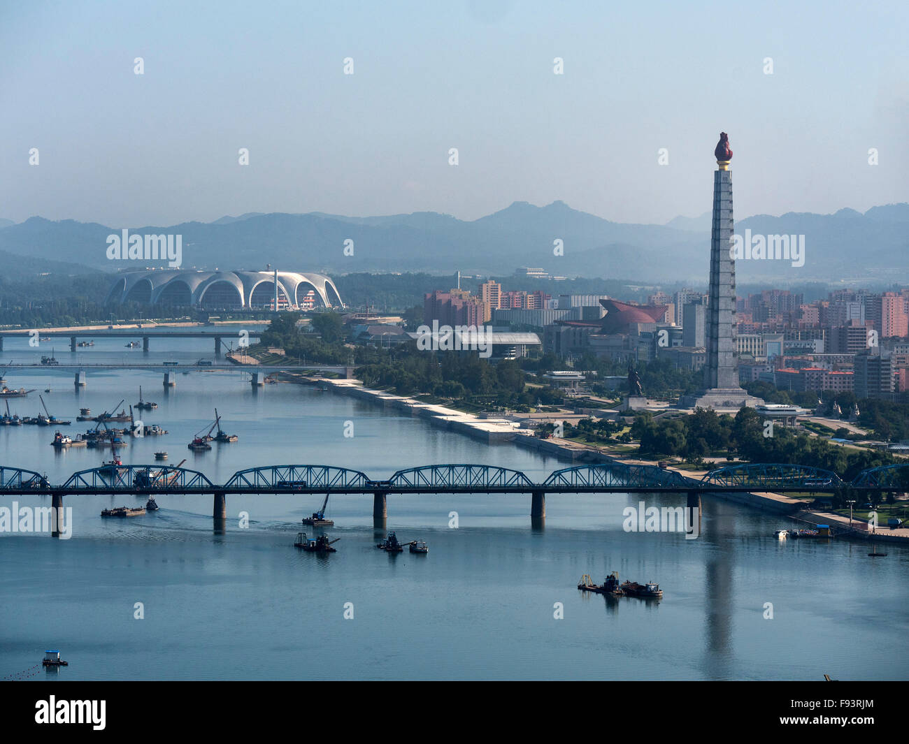 Taedong River and Juche-tower, Pyongyang, North Korea, Asia Stock Photo ...