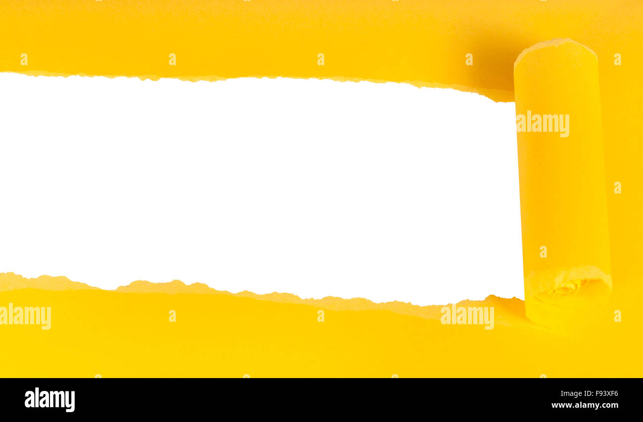 below view of yellow rolled-up torn paper on white isolated background ...