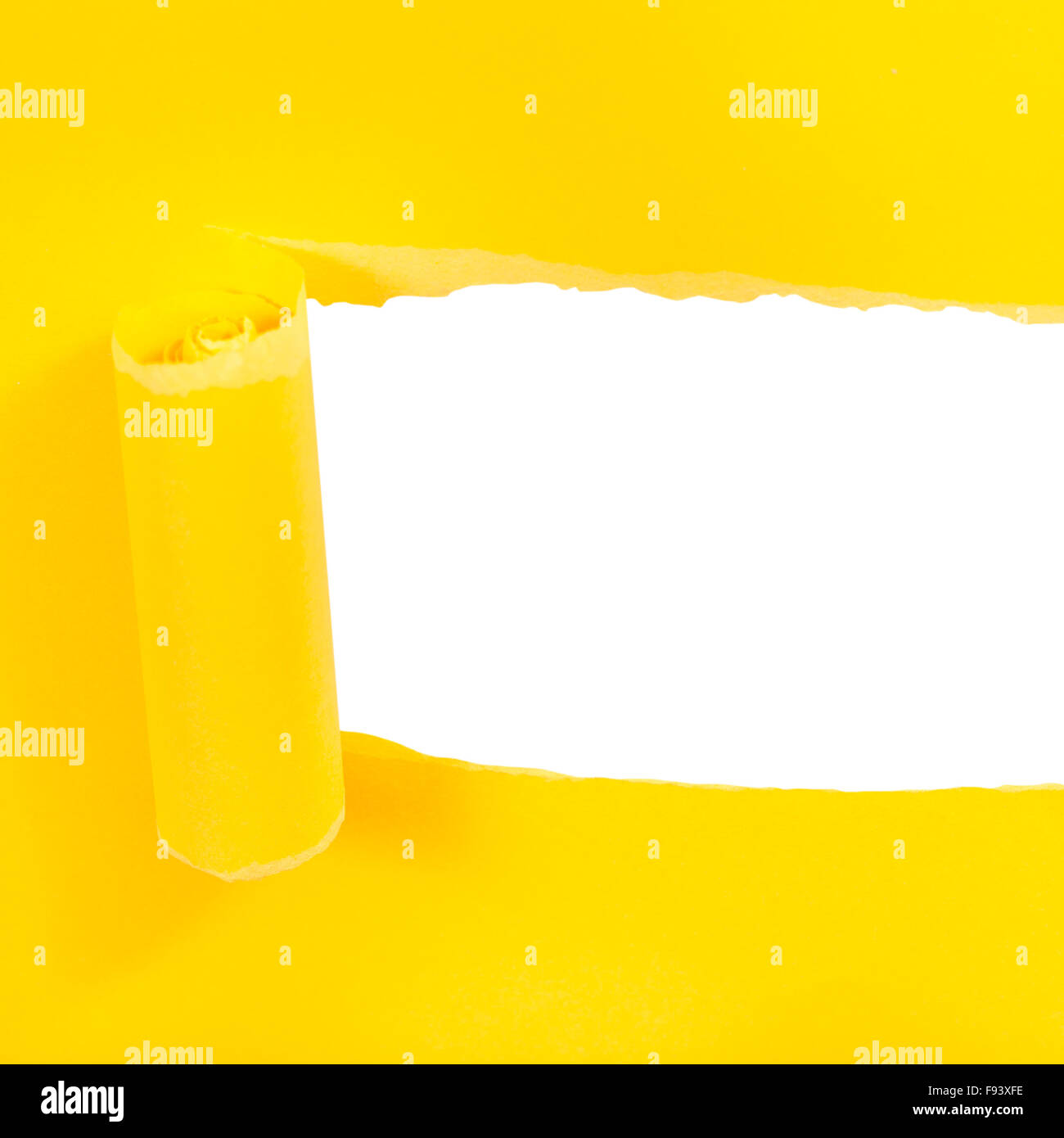 above view of yellow rolled-up torn paper isolated on white square ...