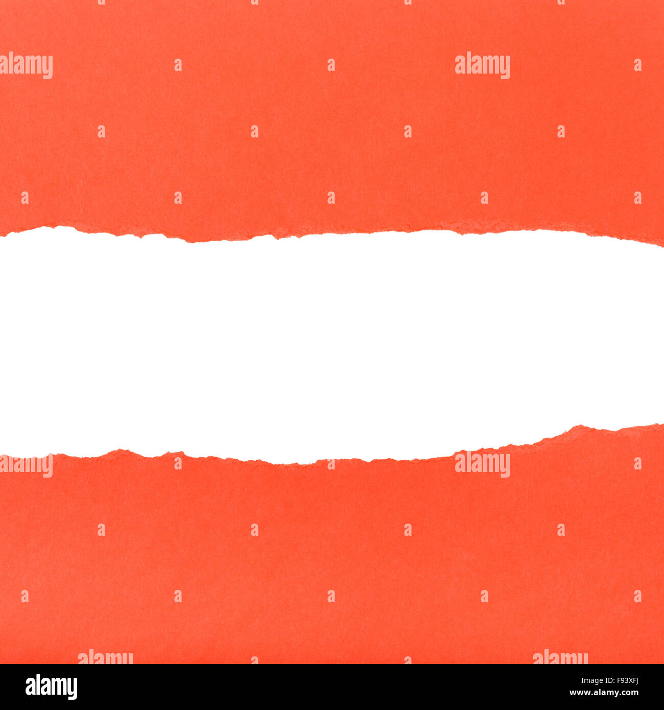 splitted halves of the sheet of red ripped paper on white background ...