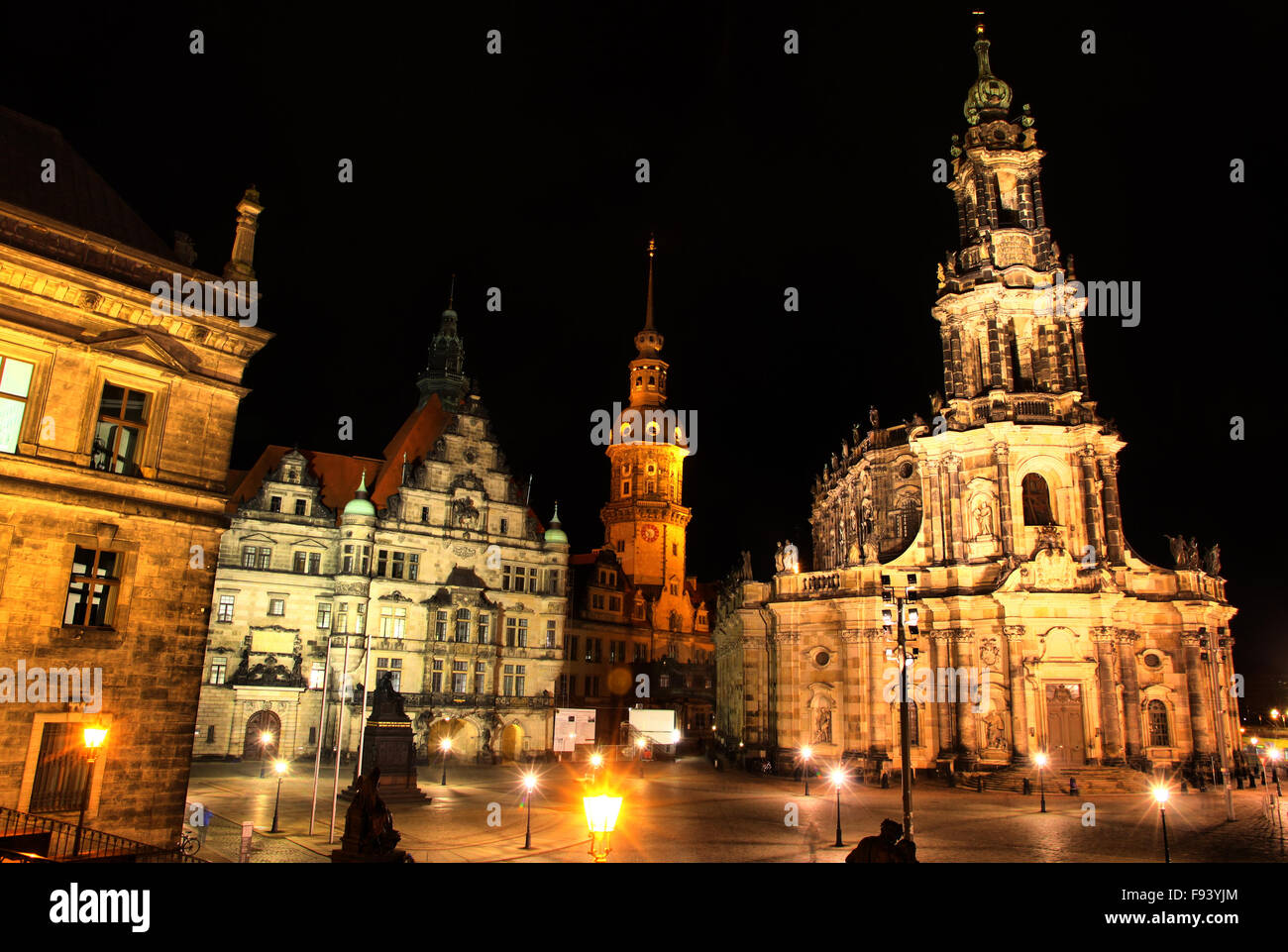 Dresden, Germany at night. View to Schlossplatz and St. Trinitatis ...