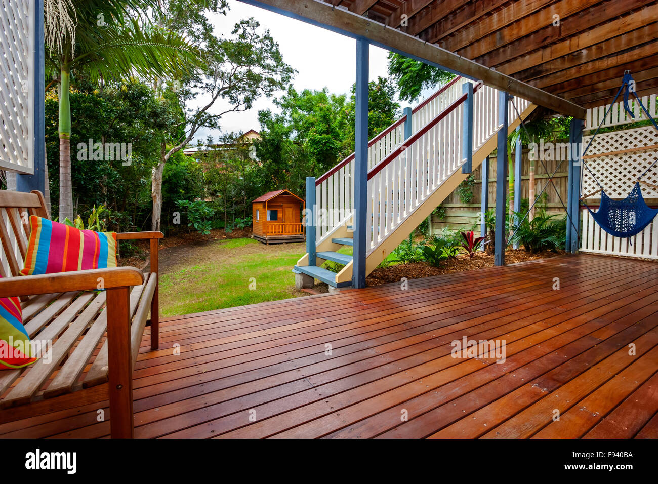 Cozy inner yard with a big terrace and stairs to the second floor Stock ...