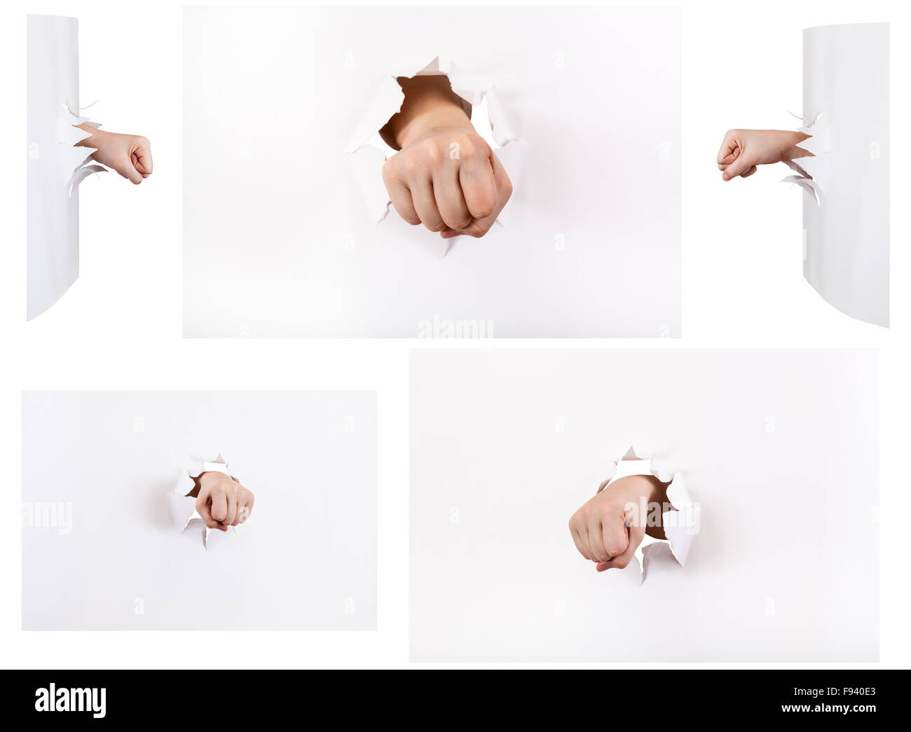 set of the fists punched a paper wall isolated on white background ...
