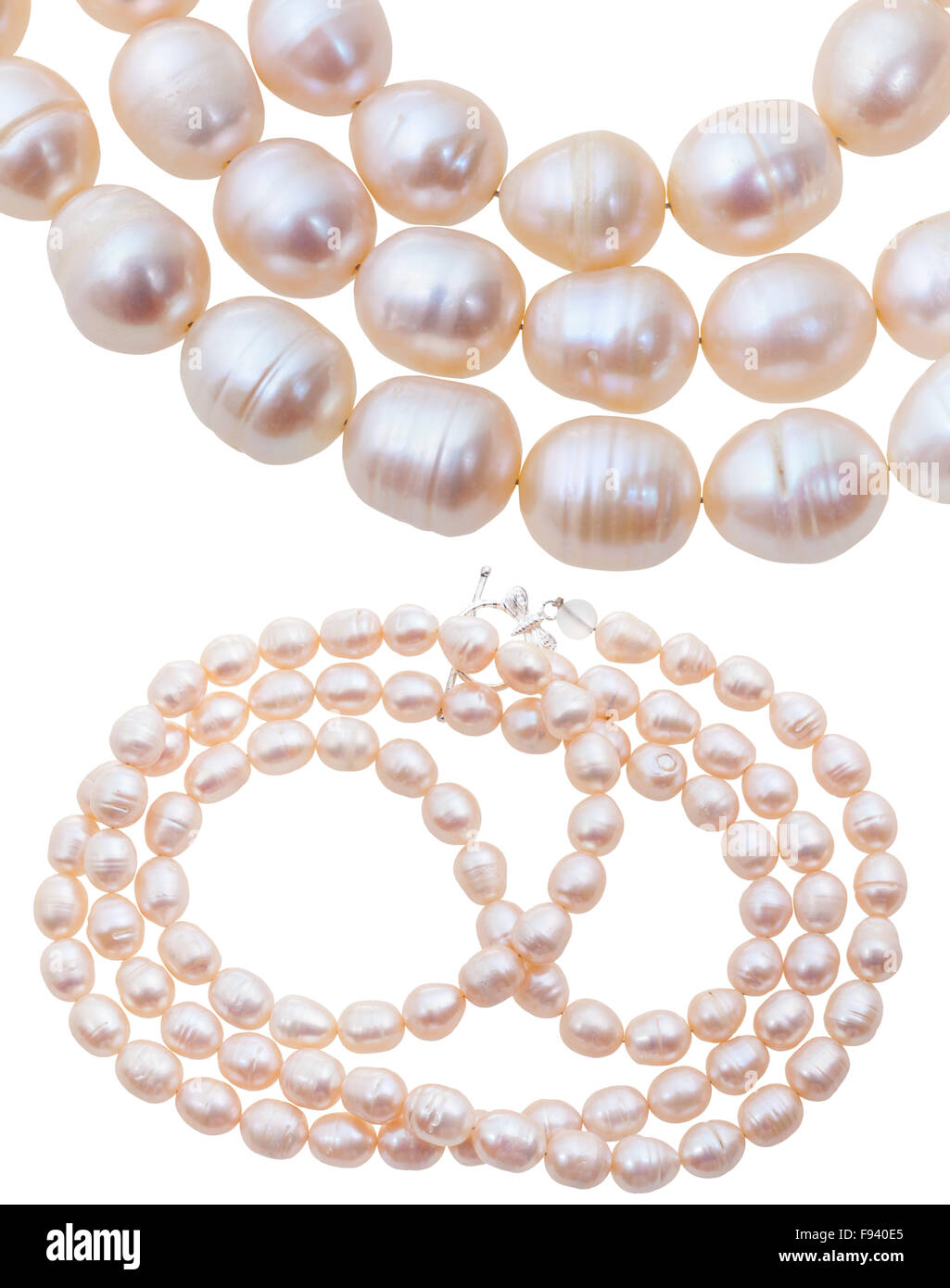 neclace from white and pink natural river pearls isolated on white ...
