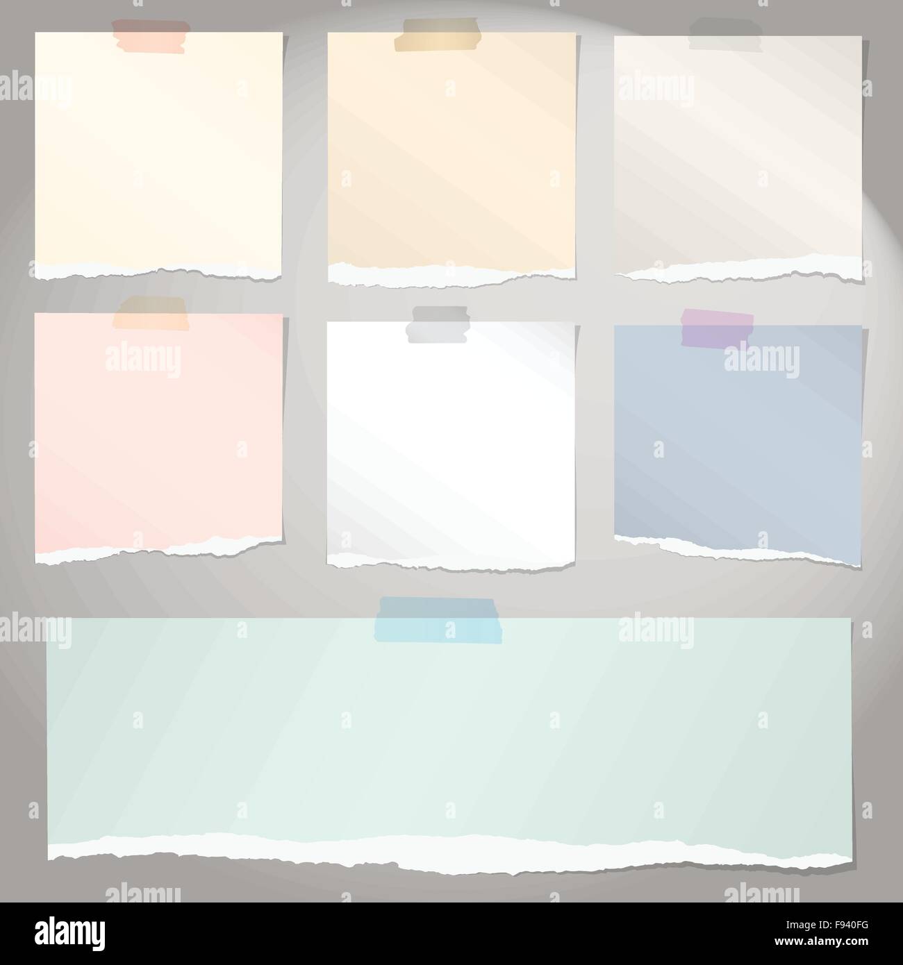 Set of various colorful torn note papers with adhesive tape on gray ...