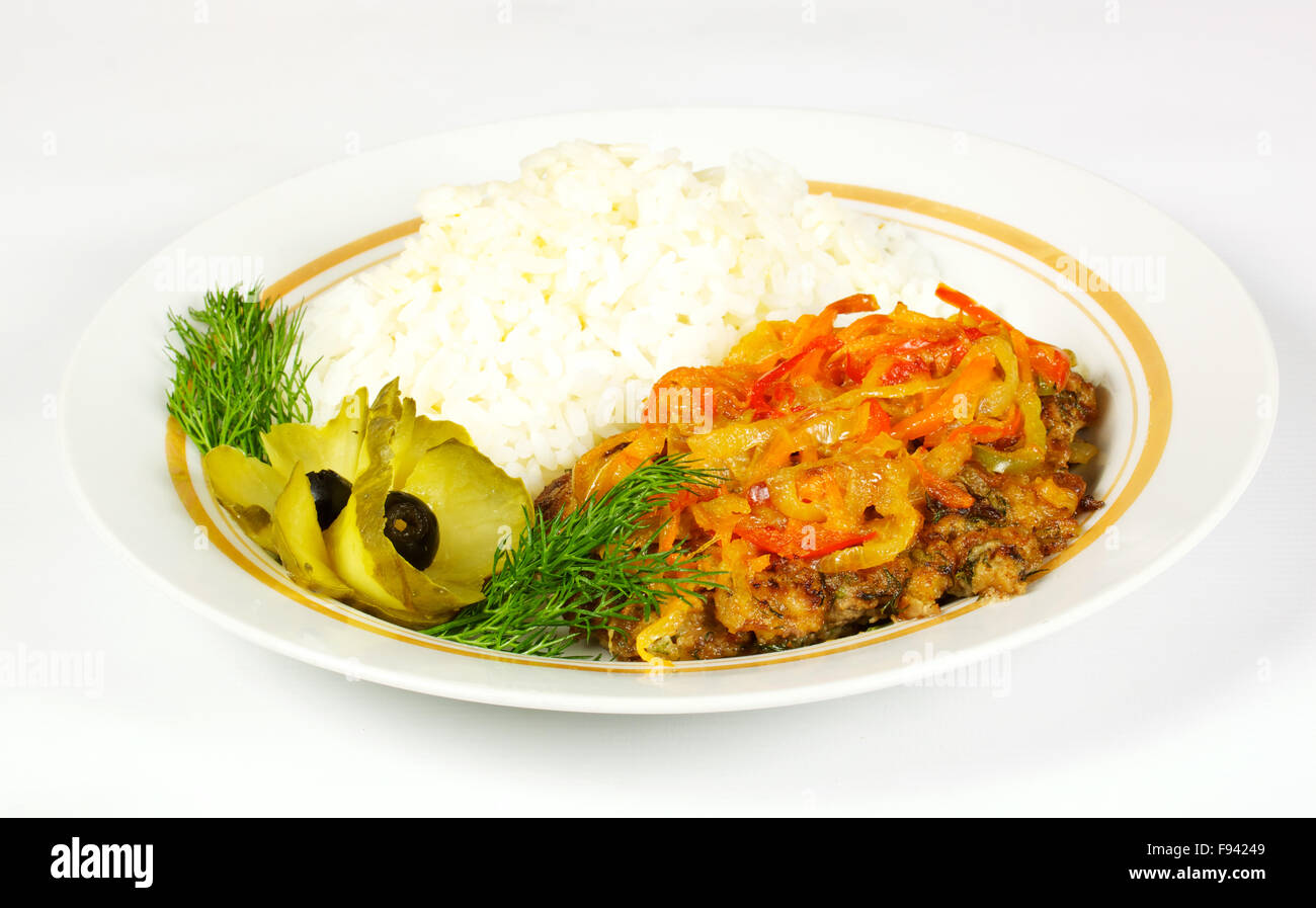 Fired meat, white rice and vegetables on the white Stock Photo - Alamy