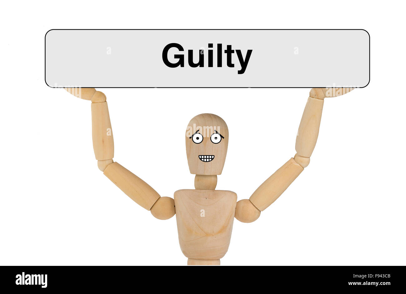 Puppet with guilty face holding a sign to explain the expression Stock ...