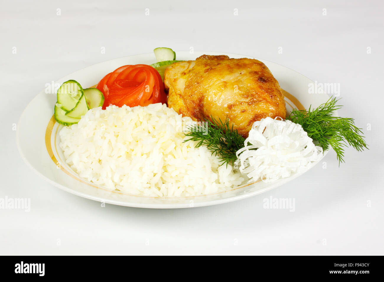 Steamed Garlic chicken and rice on white plate on the white Stock Photo ...