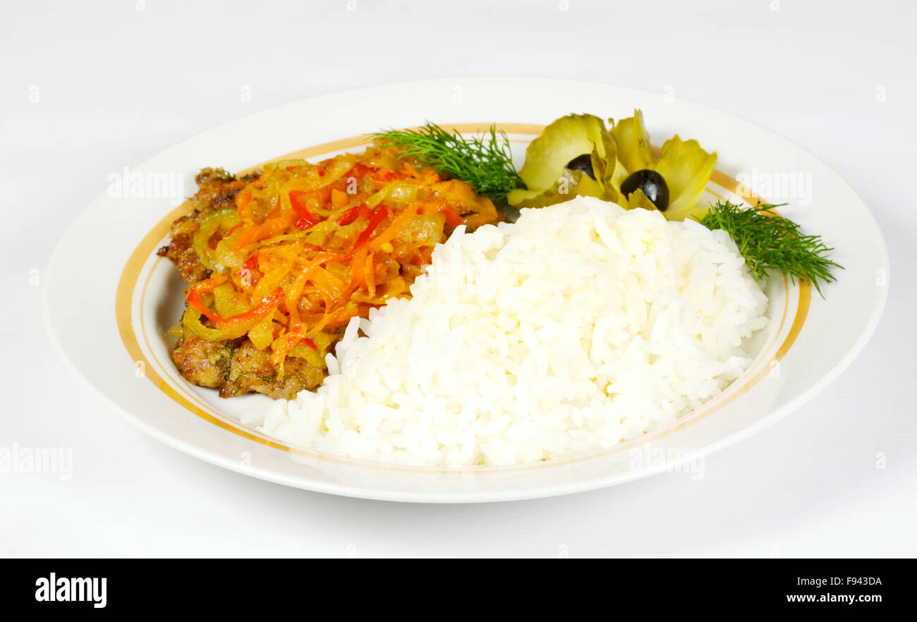 Fired meat, white rice and vegetables on the white Stock Photo - Alamy
