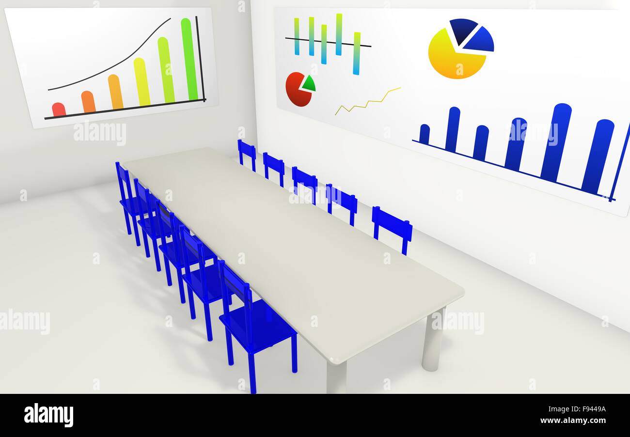 Office room with a large table and charts on the wall Stock Photo - Alamy
