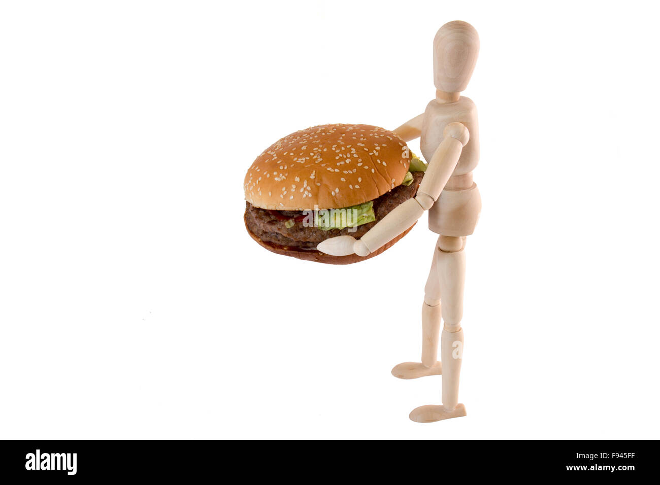 Puppet is bringing a big burger on white background Stock Photo - Alamy