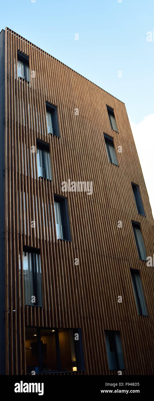 modern stripe wooden facade with windows Stock Photo - Alamy