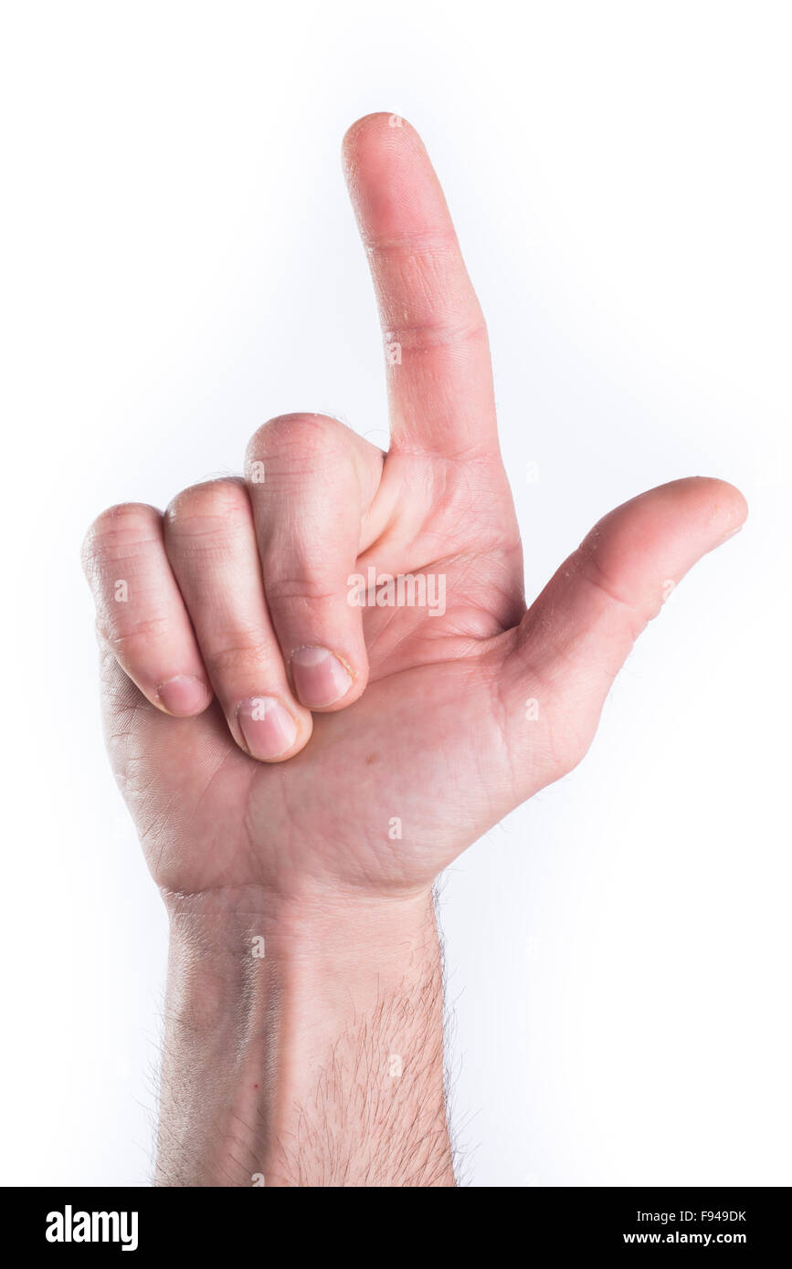 Man's hand miming gun on white background Stock Photo - Alamy
