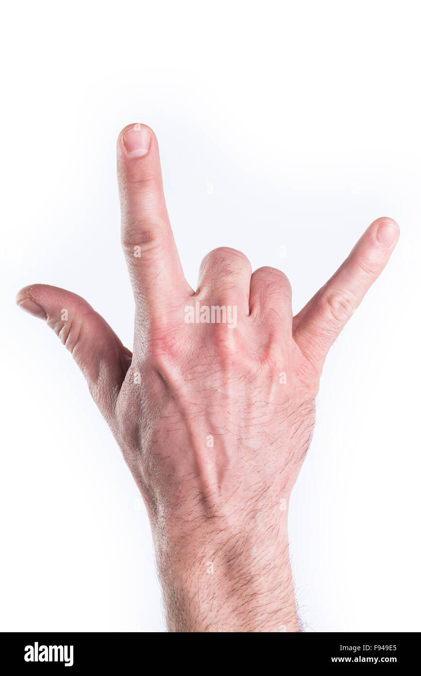 Man's hand miming horns on white background Stock Photo - Alamy