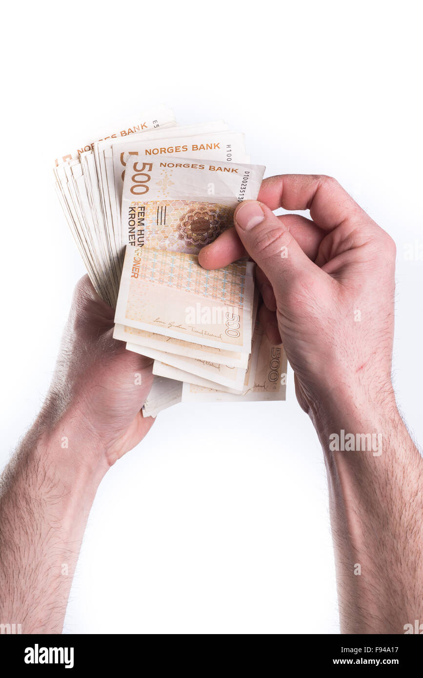 Hand give or counting money on white background Stock Photo - Alamy