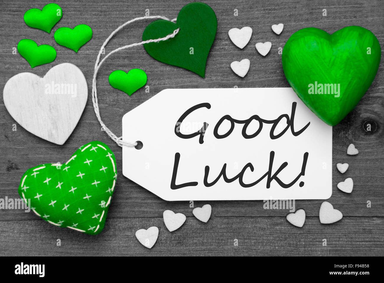 Black And White Label With Green Hearts, Text Good Luck Stock Photo - Alamy